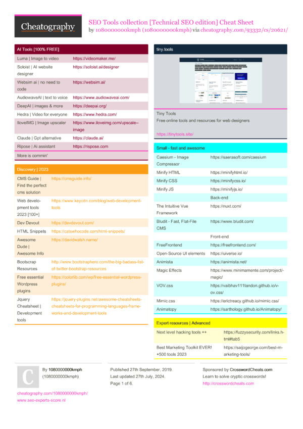 SEO Tools collection [Technical SEO edition] Cheat Sheet by ...