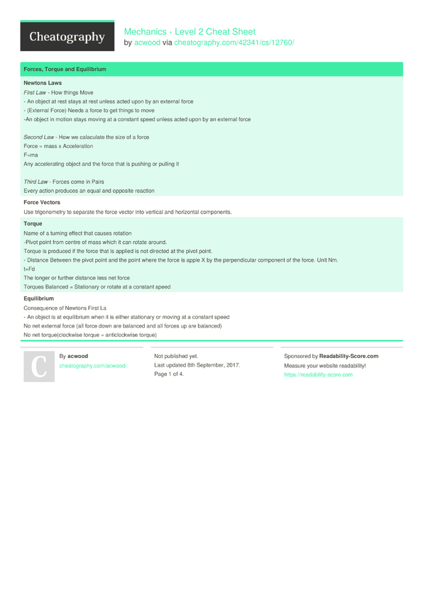 Mechanics - Level 2 Cheat Sheet by acwood - Download free from ...