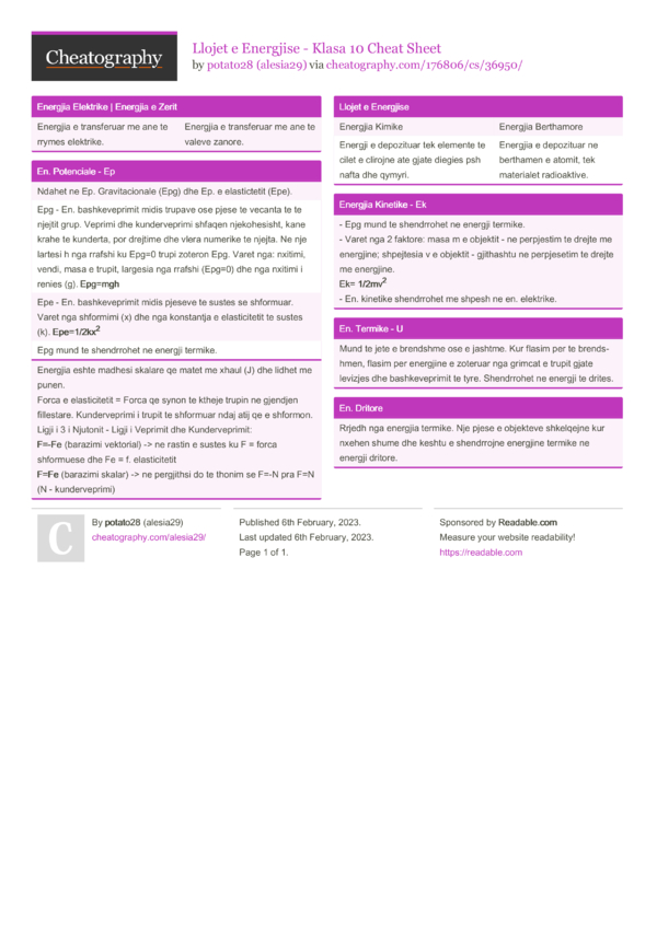 Llojet e Energjise - Klasa 10 Cheat Sheet by alesia29 - Download free from Cheatography ...