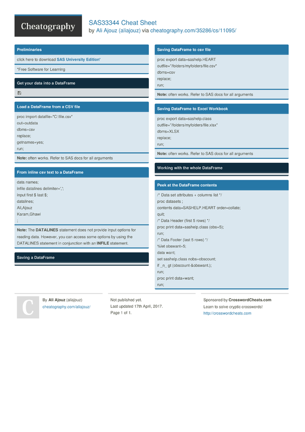 SAS33344 Cheat Sheet by aliajouz - Download free from Cheatography ...