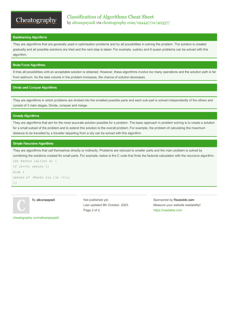 Classification Of Algorithms Cheat Sheet By Alicanpayasli Download Free From Cheatography 5639