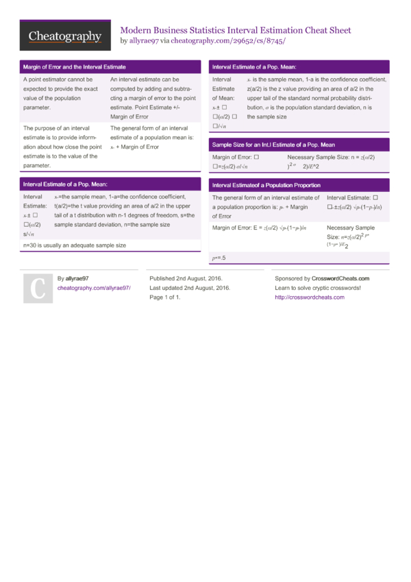 Modern Business Statistics Interval Estimation Cheat Sheet by allyrae97 ...