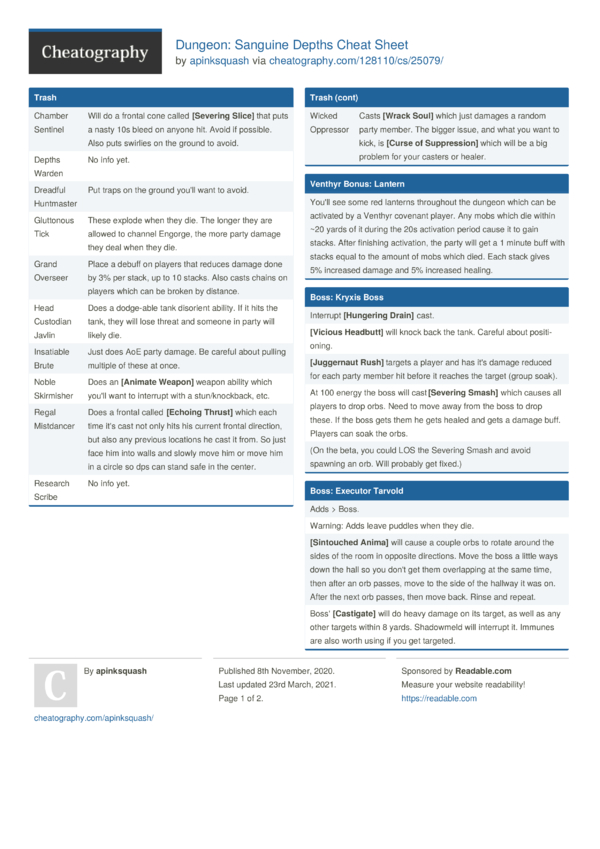 Dungeon: Sanguine Depths Cheat Sheet by apinksquash - Download free ...