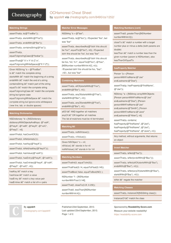 OCHamcrest Cheat Sheet by appdeft - Download free from Cheatography ...