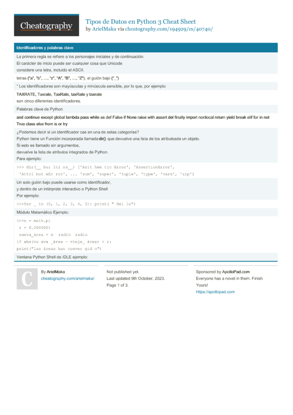 Tipos de Datos en Python 3 Cheat Sheet by ArielMaka - Download free ...