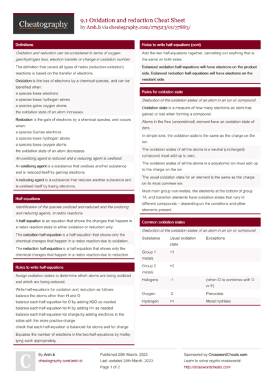 9.1 Oxidation and reduction Cheat Sheet by Arsh.b - Download free from ...