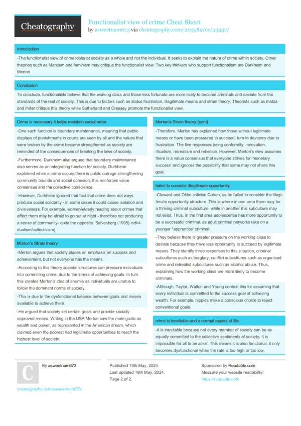 Functionalist view of crime Cheat Sheet by asweetnam673 - Download free ...