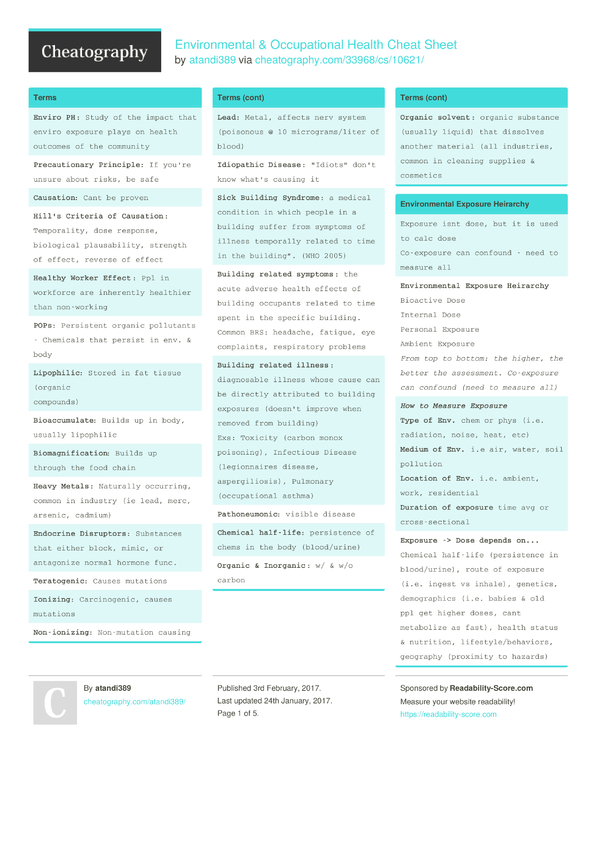 Environmental & Occupational Health Cheat Sheet by atandi389 - Download ...
