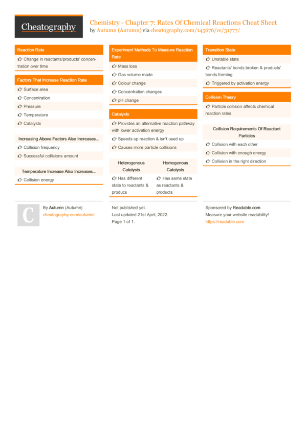 Chemistry - Chapter 7: Rates Of Chemical Reactions Cheat Sheet by ...