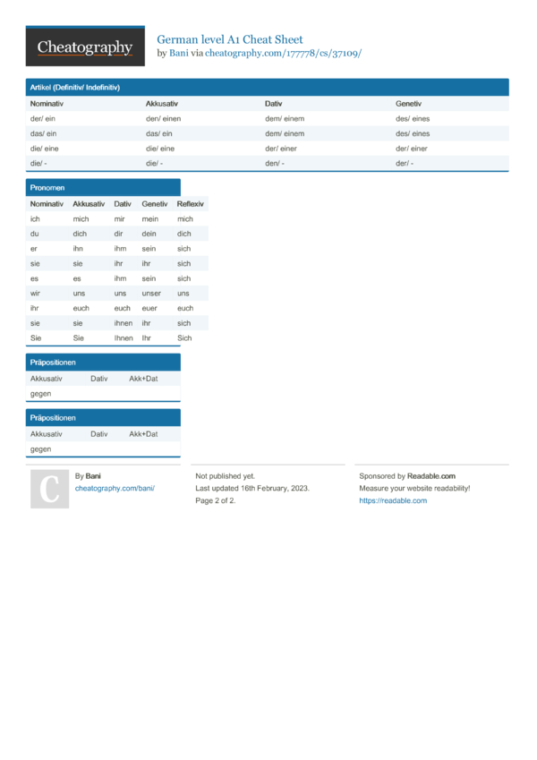 German level A1 Cheat Sheet by Bani - Download free from Cheatography ...