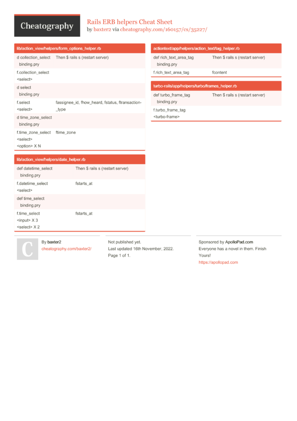 Rails ERB helpers Cheat Sheet by baxter2 - Download free from ... Rails ERB helpers Cheat Sheet by baxter2 - Download free from ...