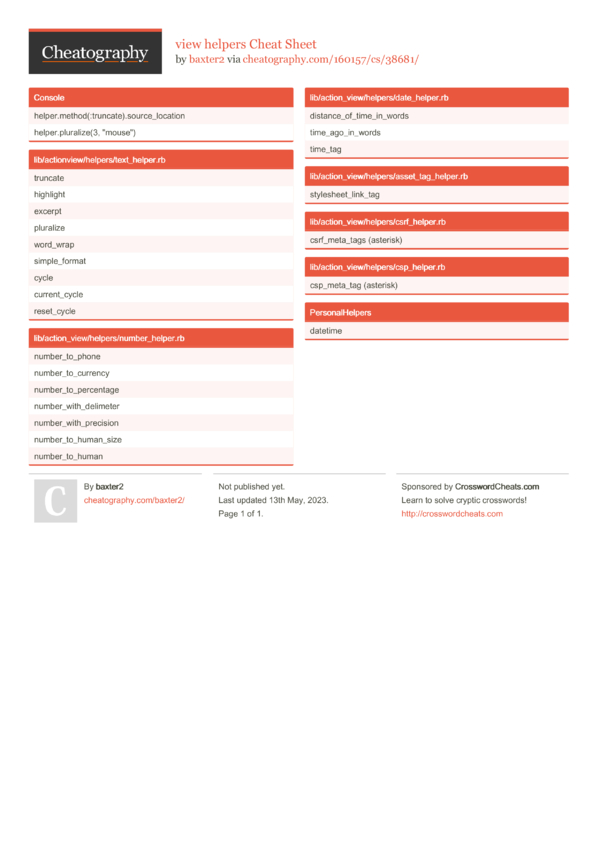 view helpers Cheat Sheet by baxter2 - Download free from Cheatography - Cheatography.com: Cheat ...
