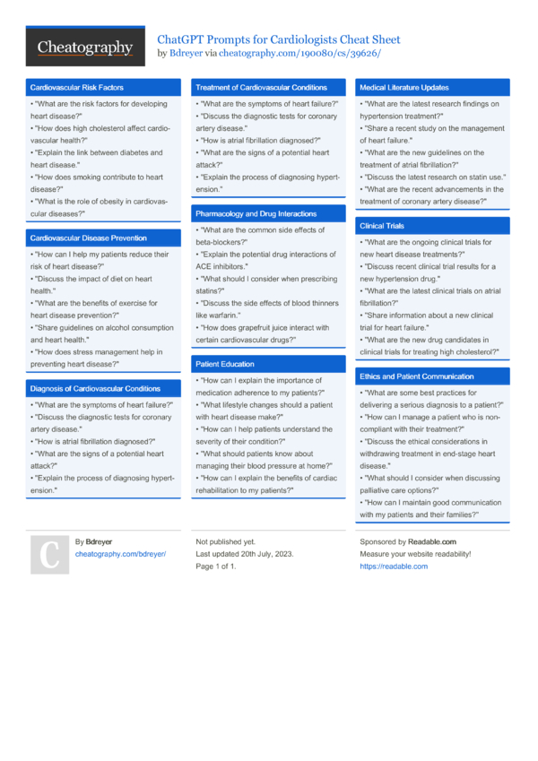 ChatGPT Prompts for Cardiologists Cheat Sheet by Bdreyer - Download ...