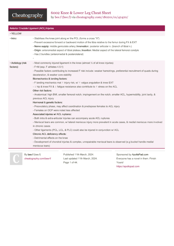 6002 Knee & Lower Leg Cheat Sheet by bee.f - Download free from ...