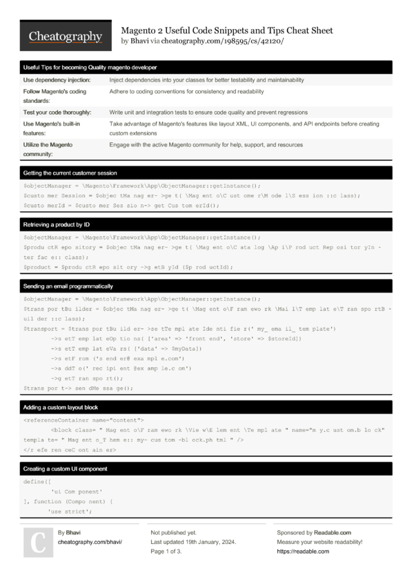 Magento 2 Useful Code Snippets and Tips Cheat Sheet by Bhavi - Download free from Cheatography ...