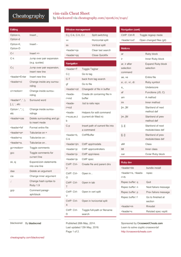 vim-rails Cheat Sheet by blackxored - Download free from Cheatography ...