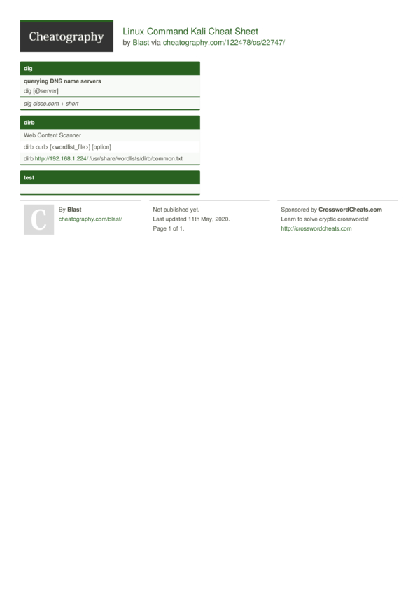 Linux Command Kali Cheat Sheet by Blast - Download free from ...