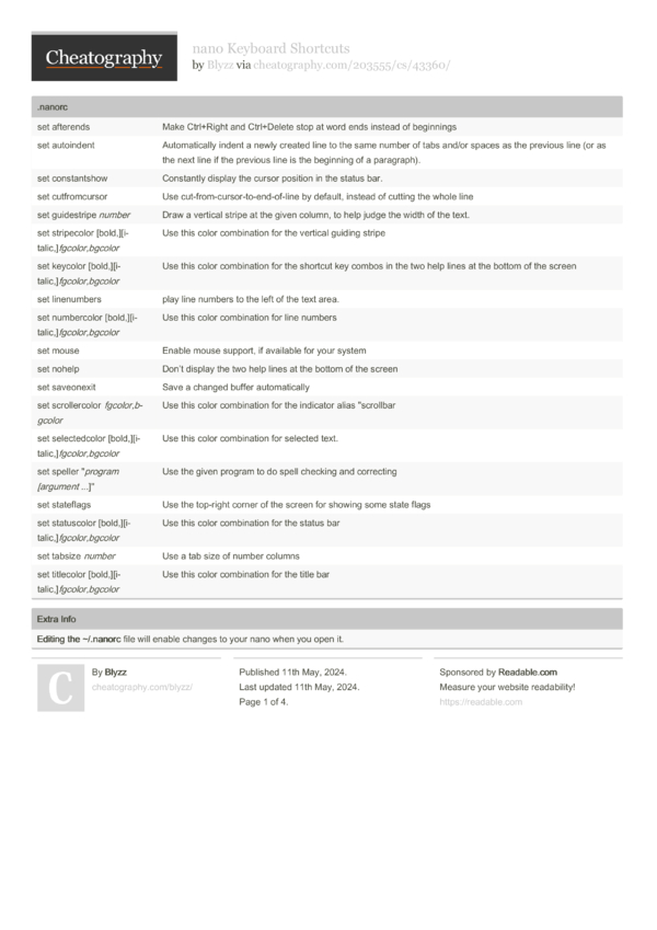 nano Keyboard Shortcuts by Blyzz - Download free from Cheatography - Cheatography.com: Cheat ...