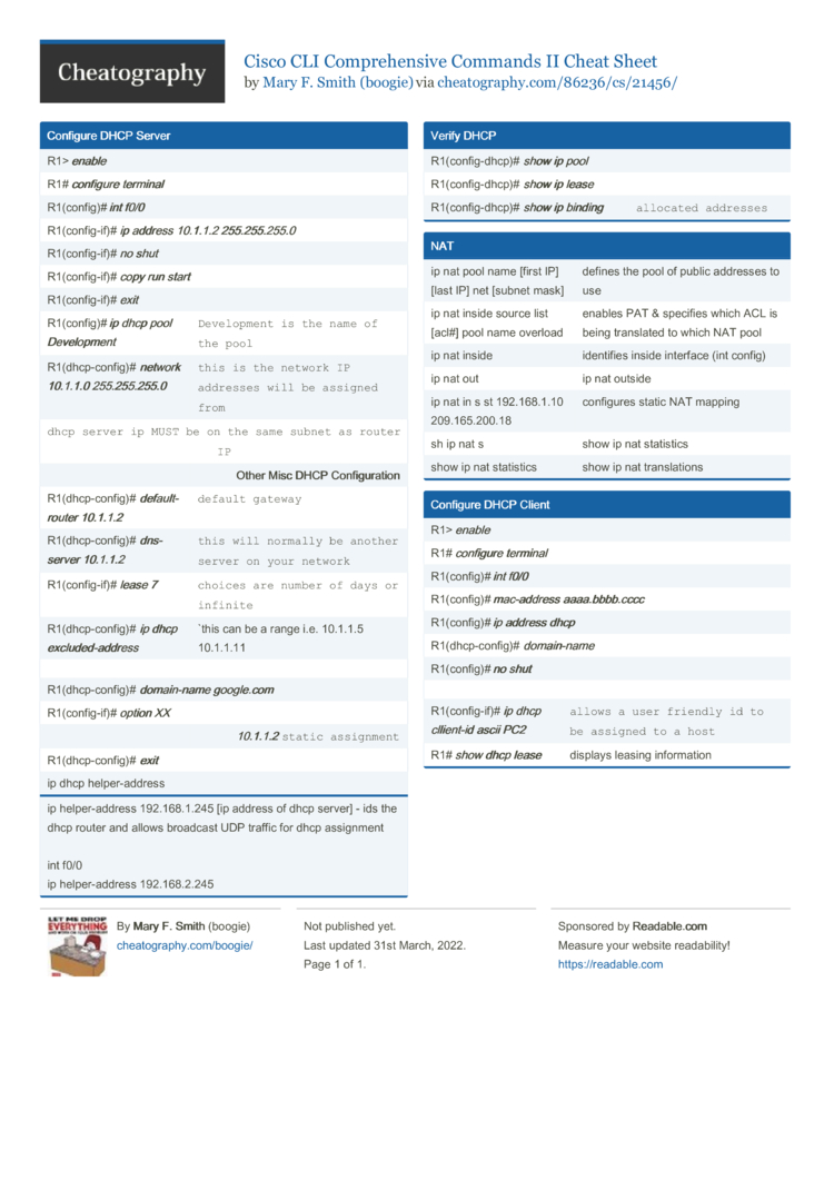 Cisco CLI Comprehensive Commands II Cheat Sheet by boogie - Download ...