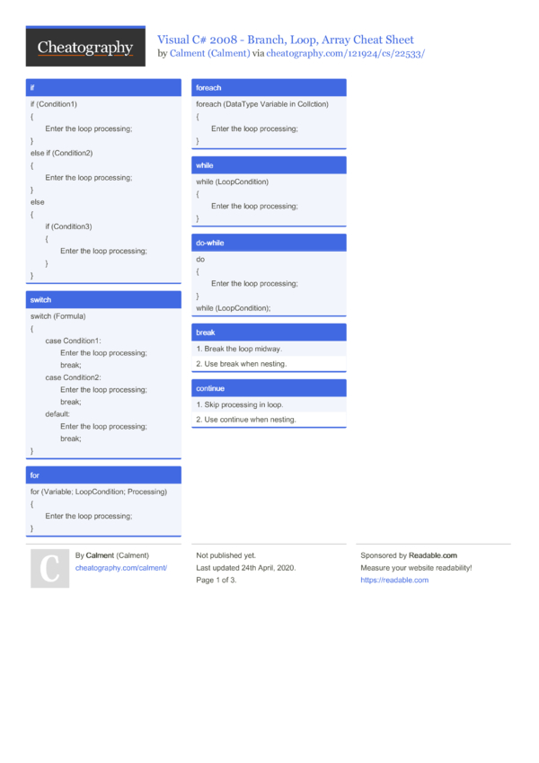Visual C# 2008 - Branch, Loop, Array Cheat Sheet by Calment - Download ...