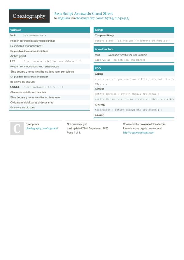 Java Script Avanzado Cheat Sheet by cbgclara - Download free from ...
