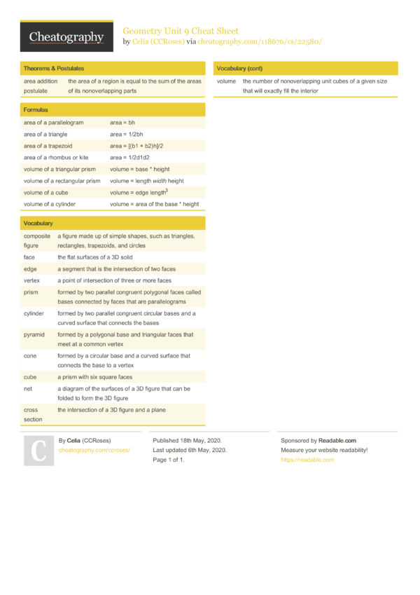 Geometry Unit 9 Cheat Sheet by CCRoses - Download free from Cheatography - Cheatography.com ...