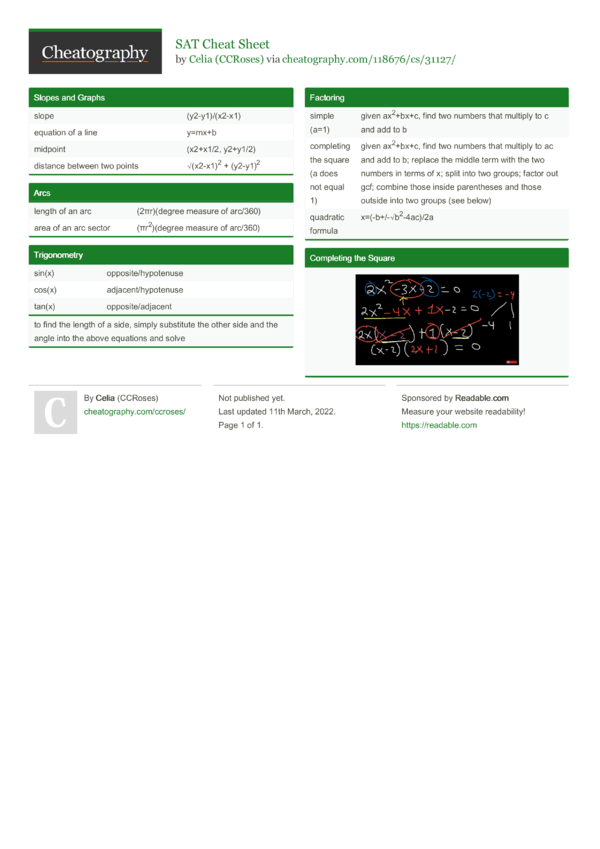 SAT Cheat Sheet by CCRoses - Download free from Cheatography ...