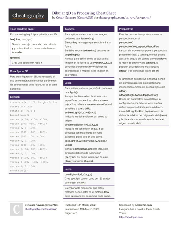 Dibujar 3D en Processing Cheat Sheet by CesarANS - Download free from Cheatography ...