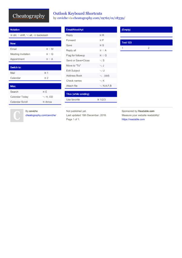 Outlook Keyboard Shortcuts by ceviche - Download free from Cheatography ...