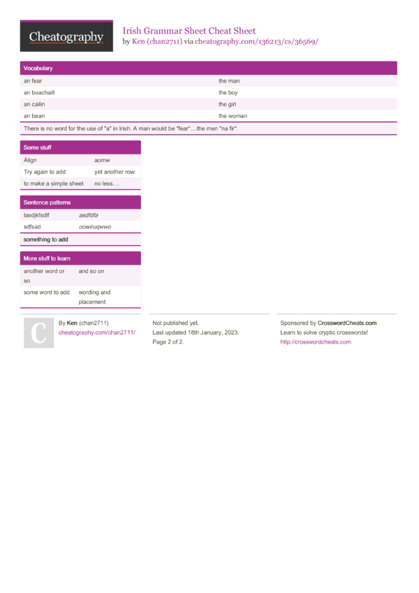 Irish Grammar Sheet Cheat Sheet by chan2711 - Download free from ...