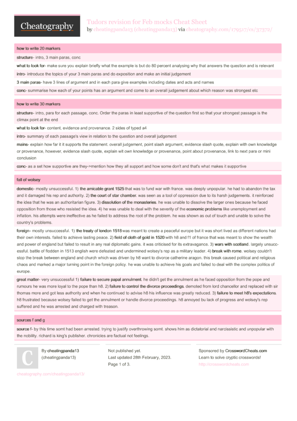 Tudors revision for Feb mocks Cheat Sheet by cheatingpanda13 - Download free from Cheatography ...
