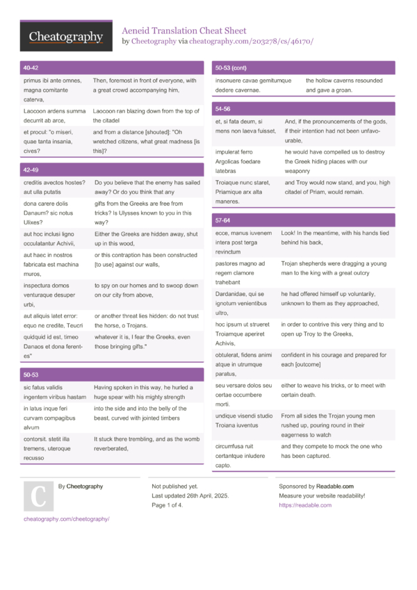 Aeneid Translation Cheat Sheet by Cheetography - Download free from ...