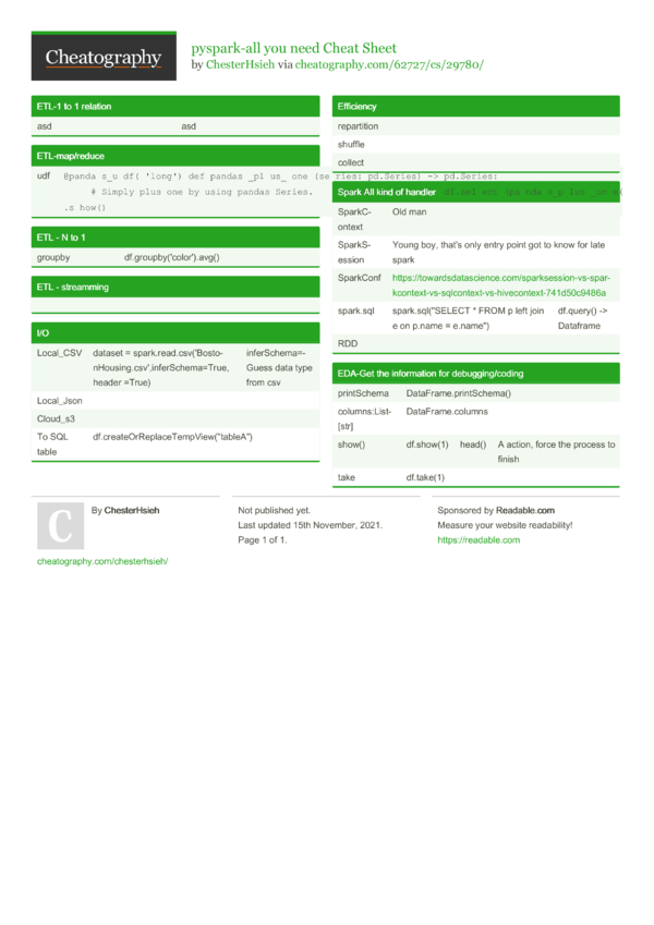 pyspark-all you need Cheat Sheet by ChesterHsieh - Download free from Cheatography ...