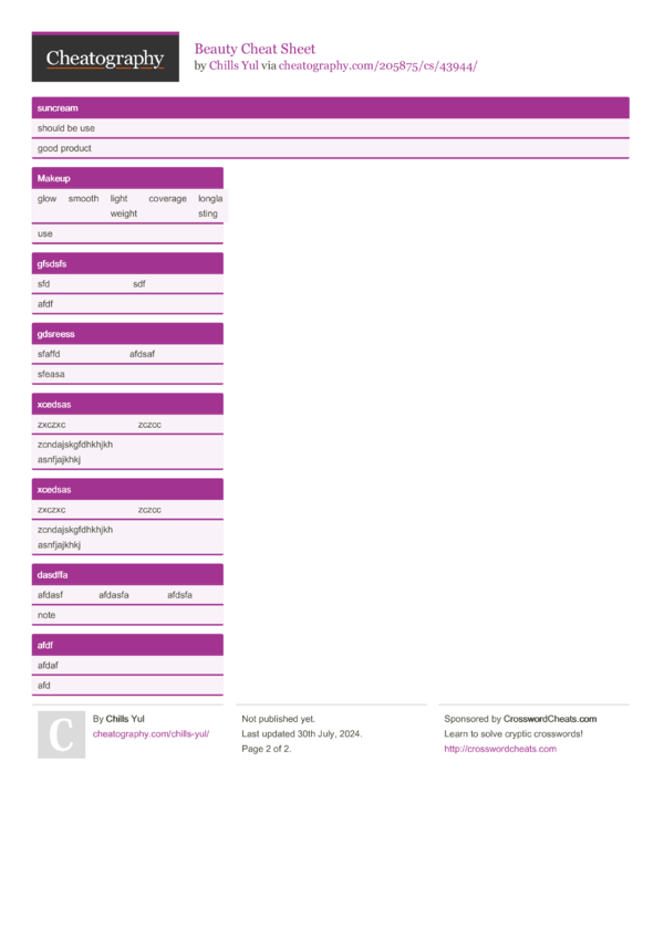 Beauty Cheat Sheet by Chills Yul - Download free from Cheatography ...