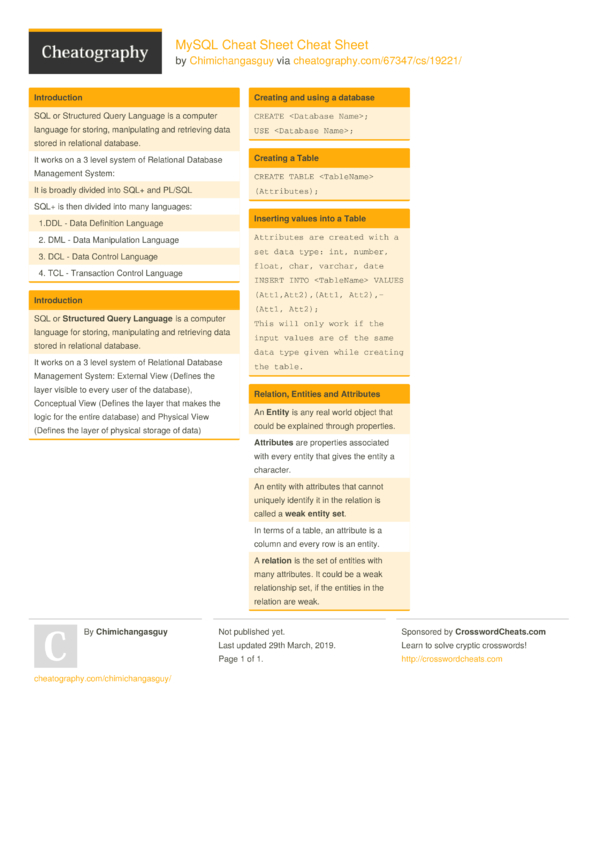 MySQL Cheat Sheet Cheat Sheet by Chimichangasguy - Download free from ... MySQL Cheat Sheet Cheat Sheet by Chimichangasguy - Download free from ...