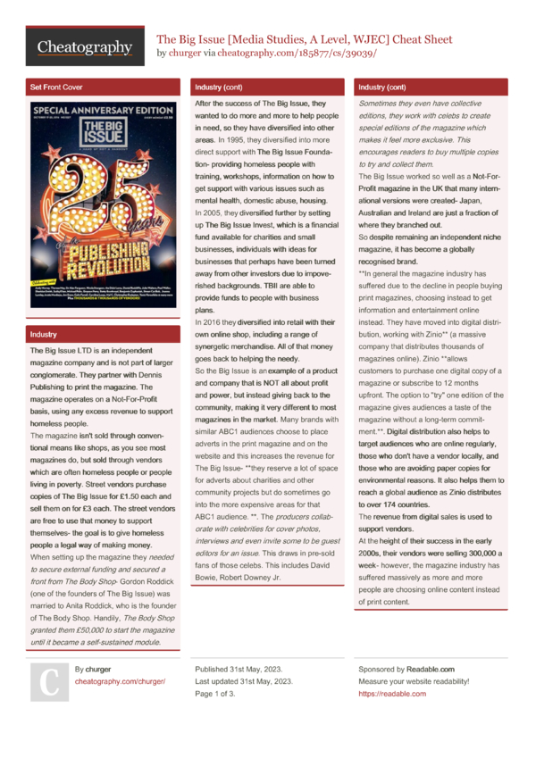 The Big Issue [Media Studies, A Level, WJEC] Cheat Sheet by churger ...