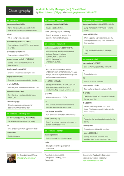 Android Package Manager Pm Cheat Sheet By Citguy Download Free From Cheatography