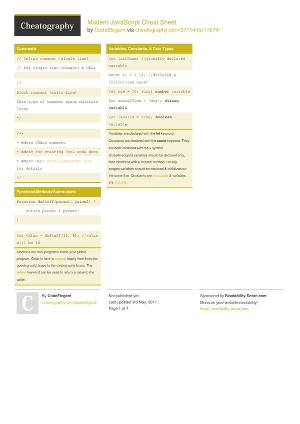 Modern JavaScript Cheat Sheet by CodeElegant - Download free from Cheatography - Cheatography ...