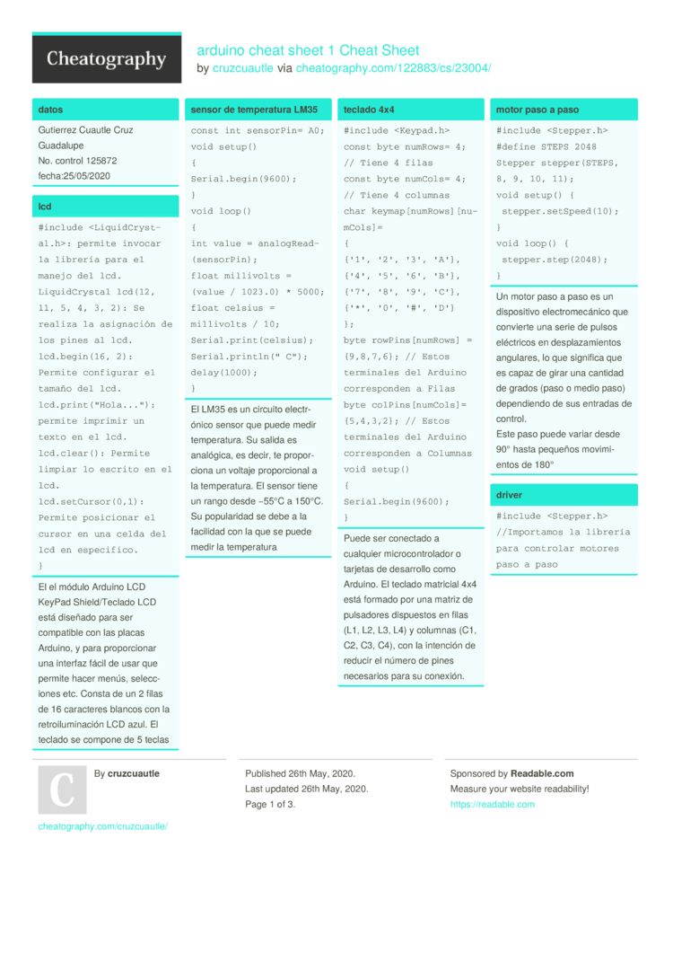 Arduino Cheat Sheet 1 Cheat Sheet By Cruzcuautle Download Free From Cheatography