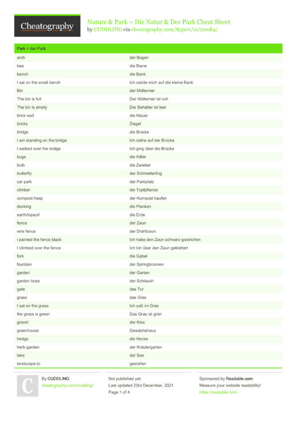 Nature & Park = Die Natur & Der Park Cheat Sheet by CUDDLING - Download ...