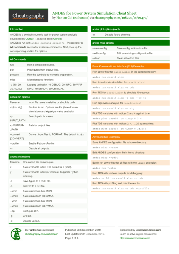 ANDES for Power System Simulation Cheat Sheet by cuihantao - Download free from Cheatography ...