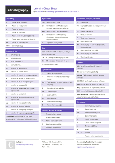 Ściąga dotycząca edytora Vim Cheat Sheet by mowmikarolek - Download ... Ściąga dotycząca edytora Vim Cheat Sheet by mowmikarolek - Download ...