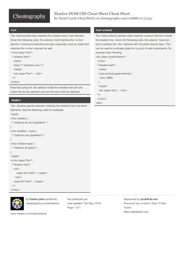 Shadow Dom Css Cheat Sheet Cheat Sheet By Daniellmb Download Free From Cheatography 4932