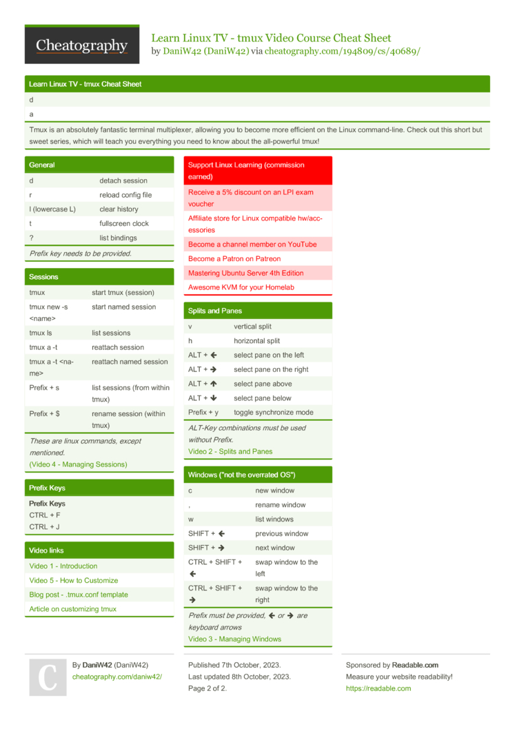 Learn Linux Tv Tmux Video Course Cheat Sheet By Daniw42 Download