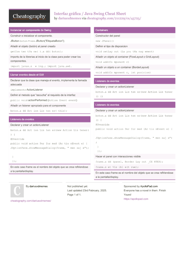 Interfaz gráfica / Java Swing Cheat Sheet by dariusxdmemes - Download ...