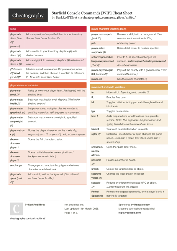 Starfield Console Commands [WIP] Cheat Sheet by DarkRedITBrat ...