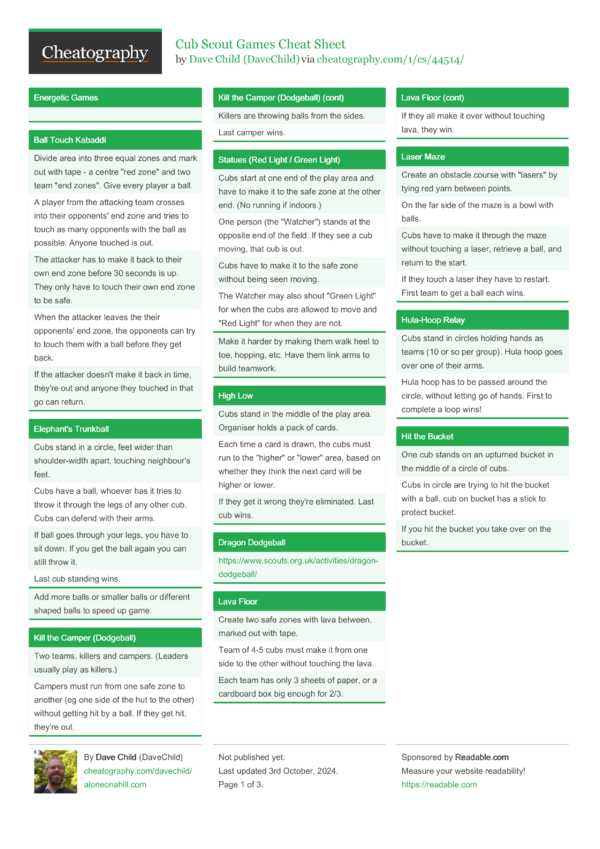 Cub Scout Games Cheat Sheet by DaveChild - Download free from ...