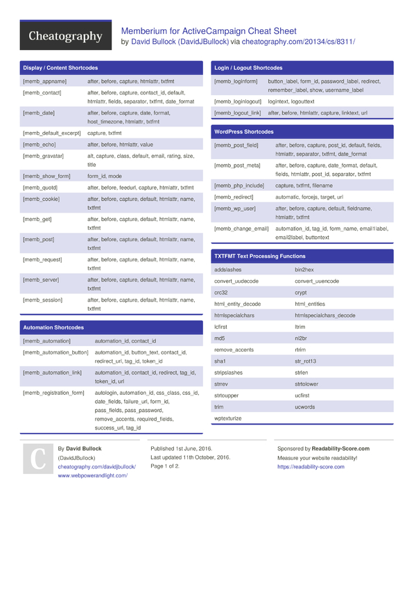 Memberium for ActiveCampaign Cheat Sheet by DavidJBullock - Download ...