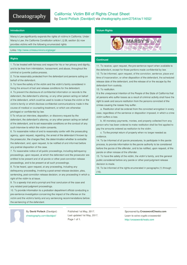 California: Victim Bill of Rights Cheat Sheet by Davidpol - Download ... California: Victim Bill of Rights Cheat Sheet by Davidpol - Download ...