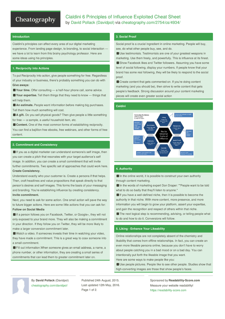 Cialdini 6 Principles of Influence Exploited Cheat Sheet by Davidpol ...